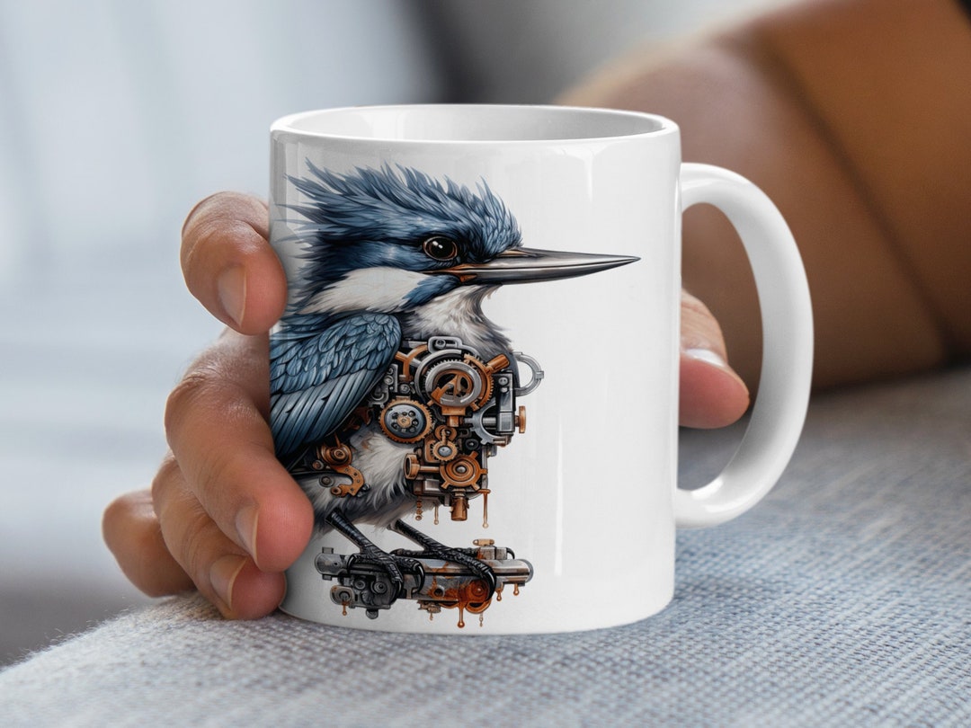 Steampunk Bird Mug, Mechanical Kingfisher Design, Unique Coffee Cup ...