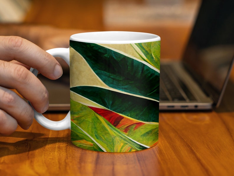 Tropical Leaf Design Coffee Mug, Colorful Botanical Artwork Cup, Exotic ...