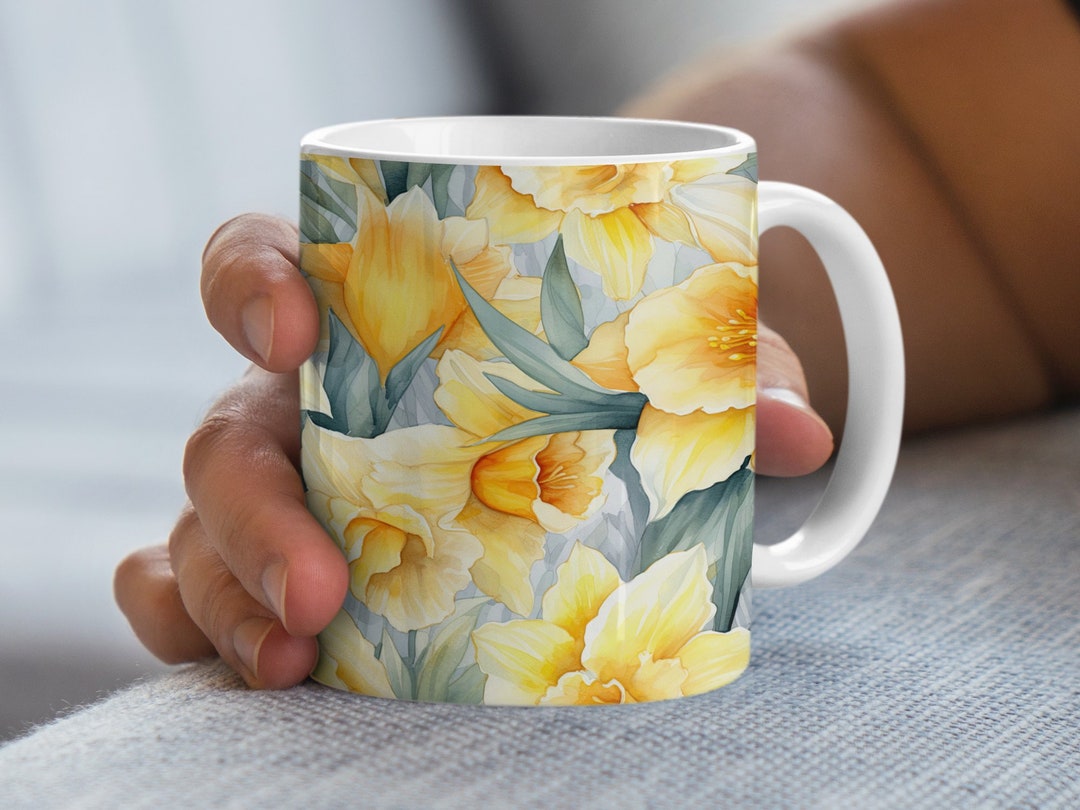 Floral Mug, Yellow Daffodil Print, Elegant Watercolor Art, Spring ...