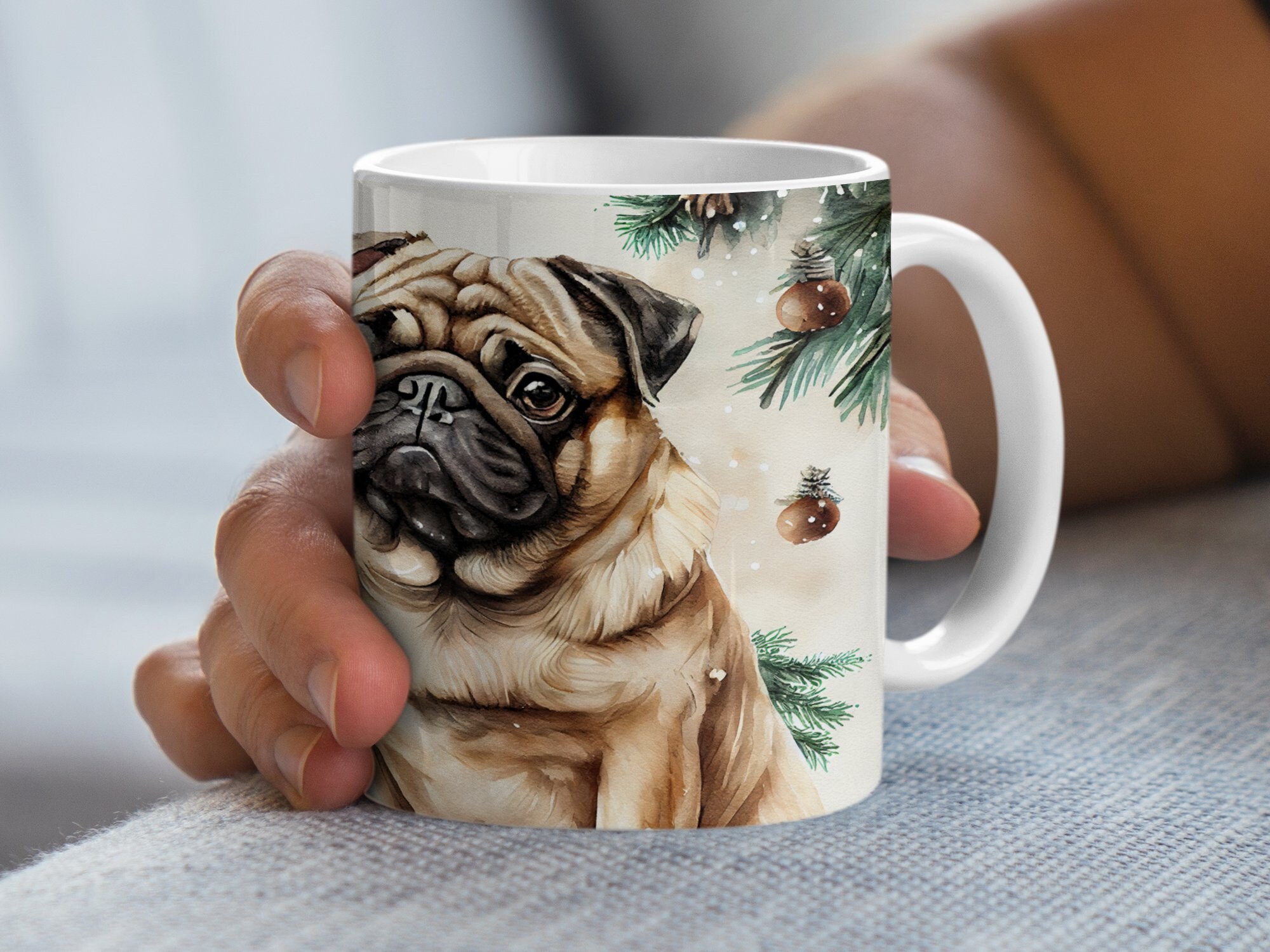 Winter Pug Dog Mug, Cute Pug With Christmas Trees and Ornaments, Dog ...