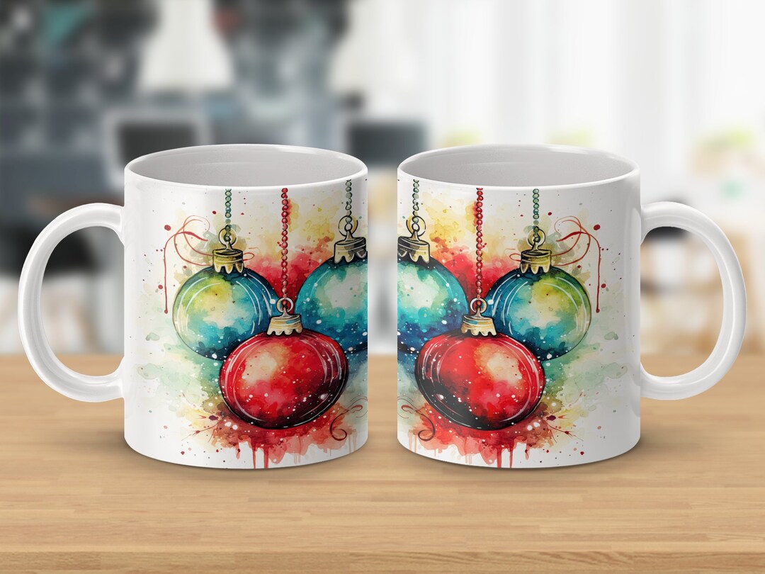 Colorful Christmas Bauble Watercolor Art Mug, Festive Holiday Decor ...
