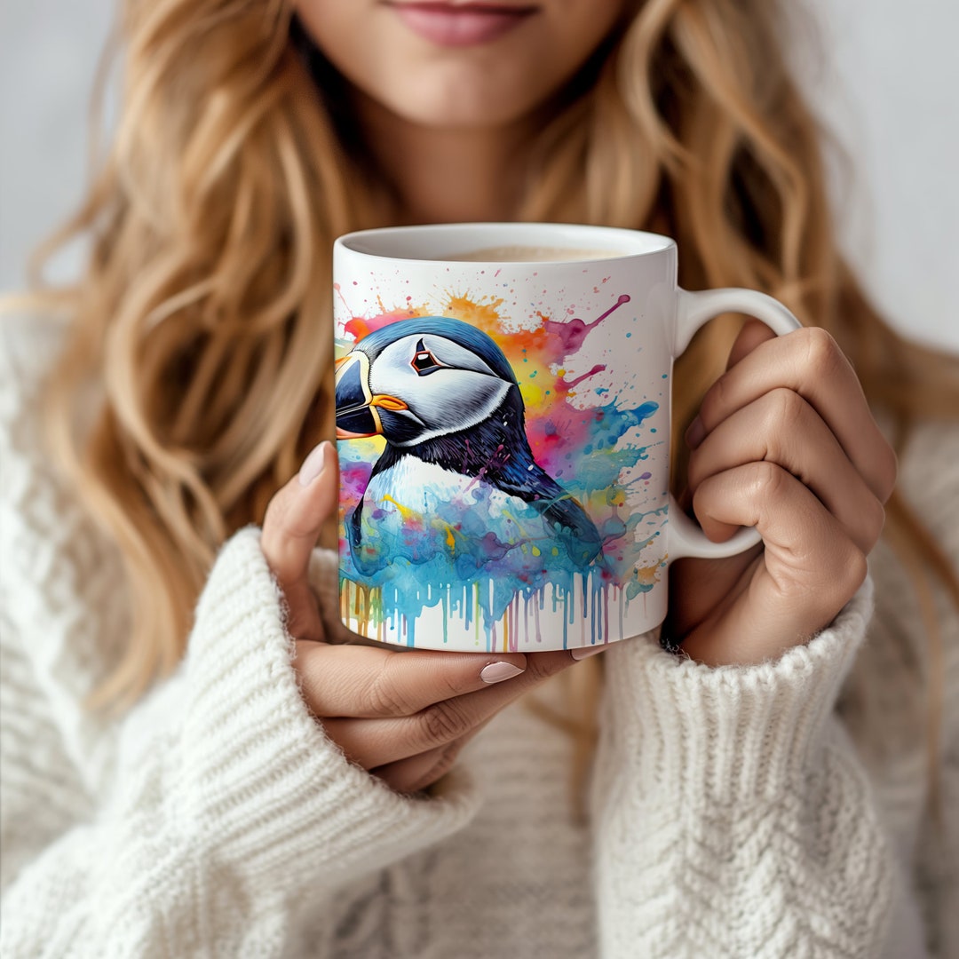 Colorful Puffin Bird Art Mug, Watercolor Bird Design Mug, Artistic ...