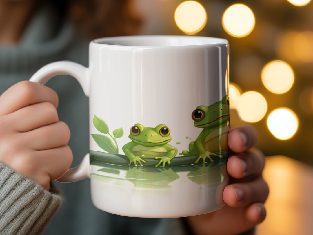 Cute Frog Coffee Mug, Whimsical Cartoon Frog Art, Green Nature Inspired ...