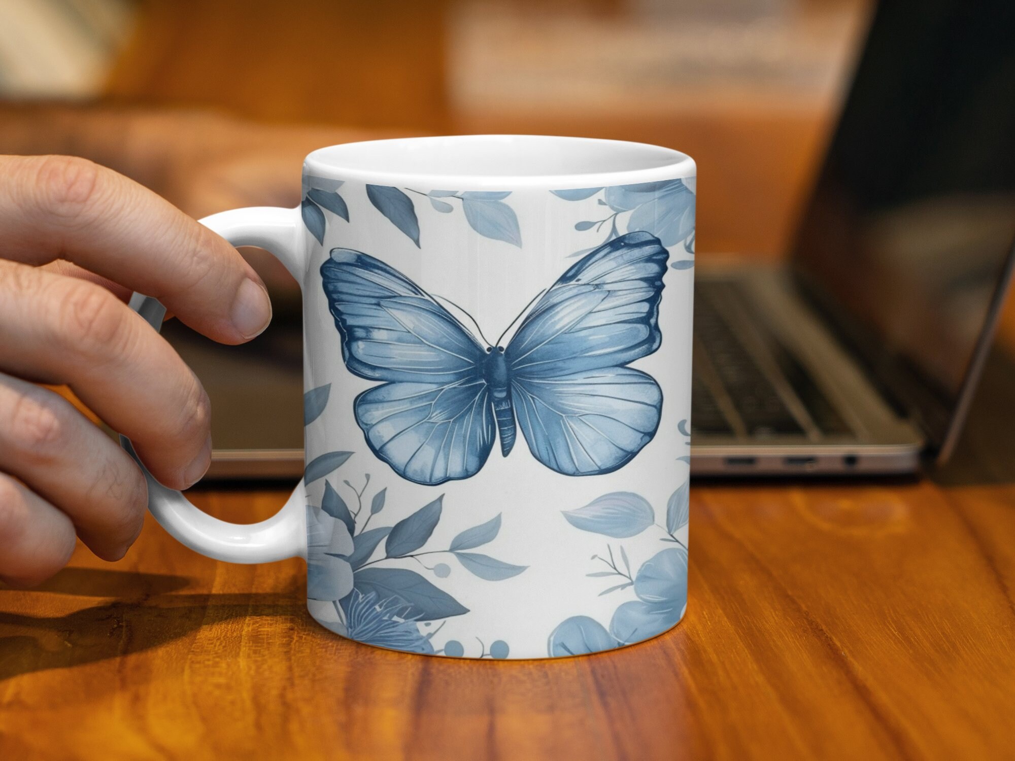 Blue Butterfly Floral Mug, Elegant Nature Inspired Drinkware, Botanical ...
