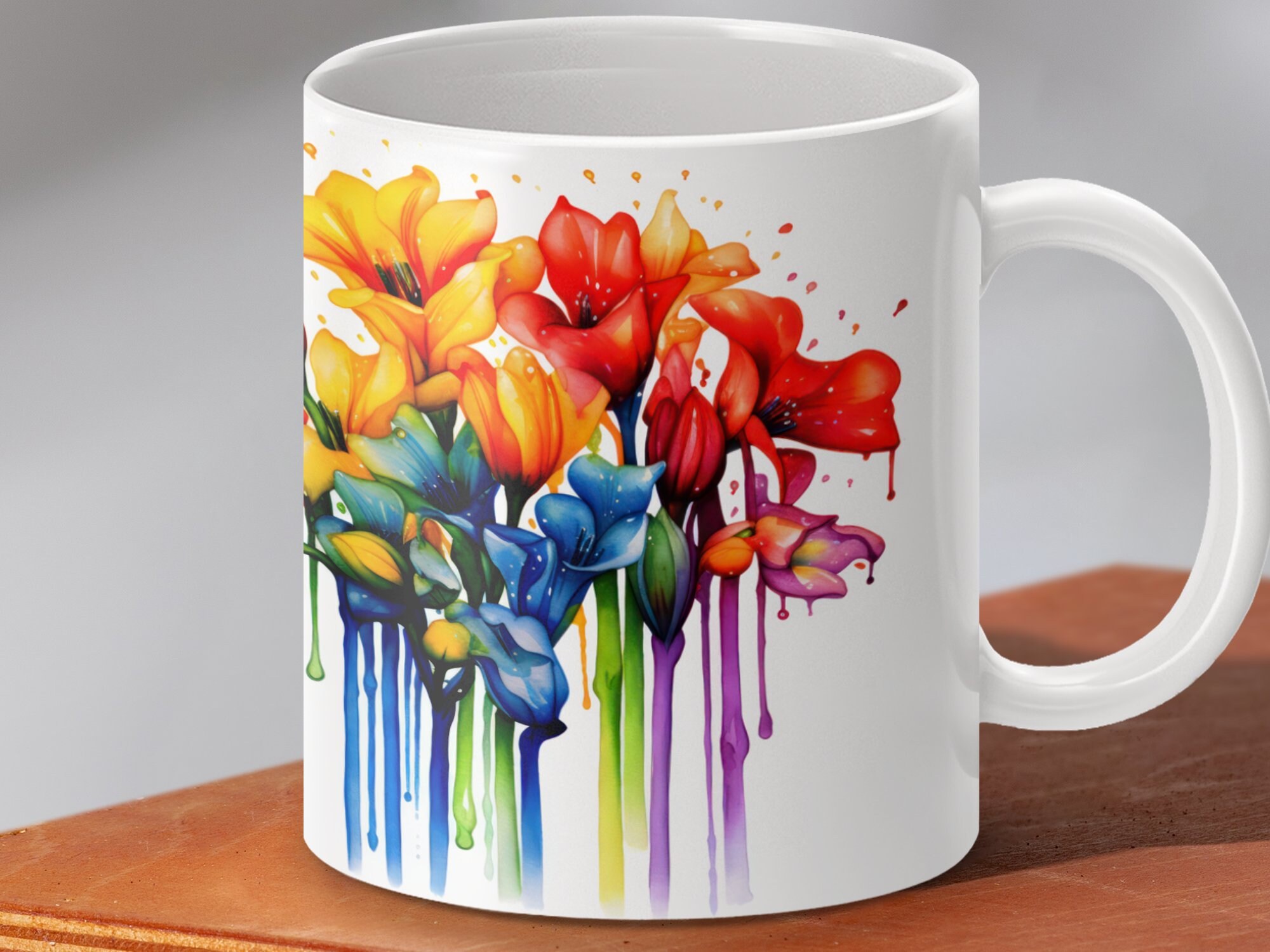 Colorful Floral Drip Art Mug, Artistic Coffee Cup, Unique Watercolor ...