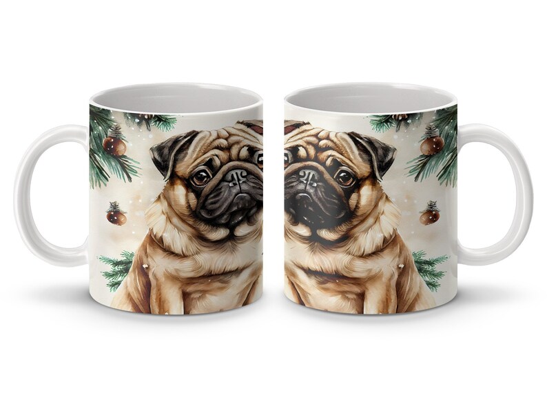 Winter Pug Dog Mug, Cute Pug With Christmas Trees and Ornaments, Dog ...