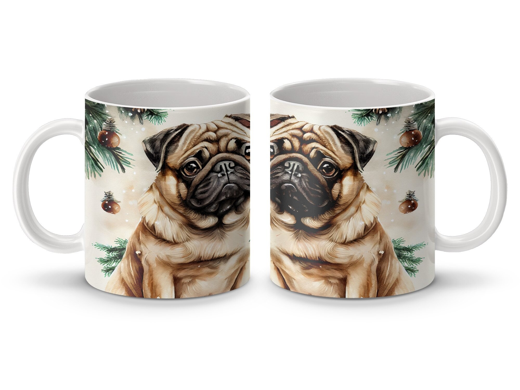 Winter Pug Dog Mug, Cute Pug With Christmas Trees and Ornaments, Dog ...