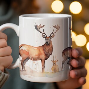 Watercolor Deer Family Mug, Rustic Wildlife Illustration, Nature ...