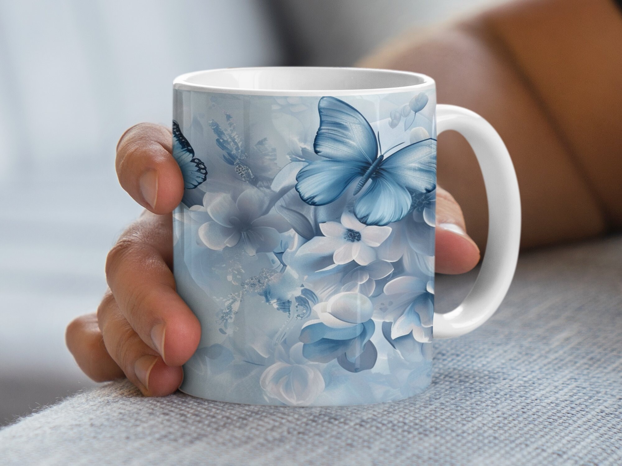 Elegant Blue Butterfly Mug, Floral and Butterfly Coffee Cup, Nature ...