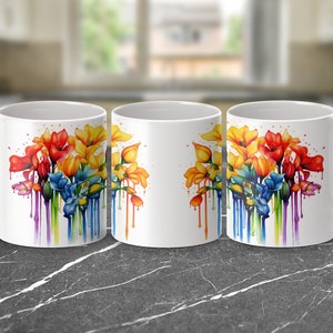 Colorful Floral Drip Art Mug, Artistic Coffee Cup, Unique Watercolor ...