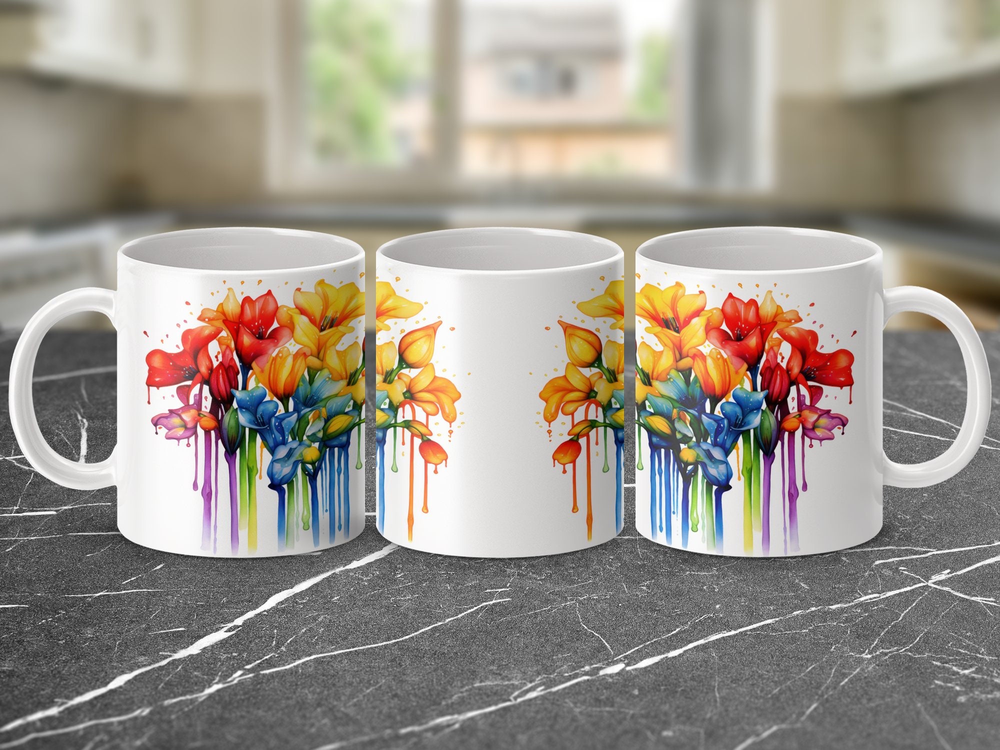 Colorful Floral Drip Art Mug, Artistic Coffee Cup, Unique Watercolor ...