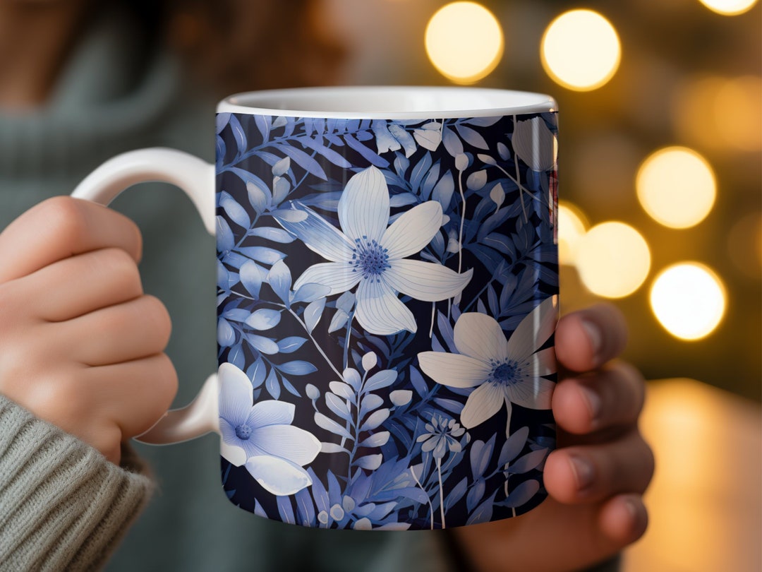 Elegant Navy Blue Floral Mug, Stylish Midnight Garden Coffee Cup ...