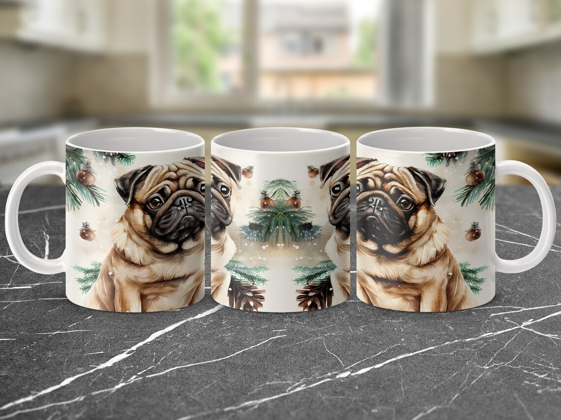 Winter Pug Dog Mug, Cute Pug With Christmas Trees and Ornaments, Dog ...