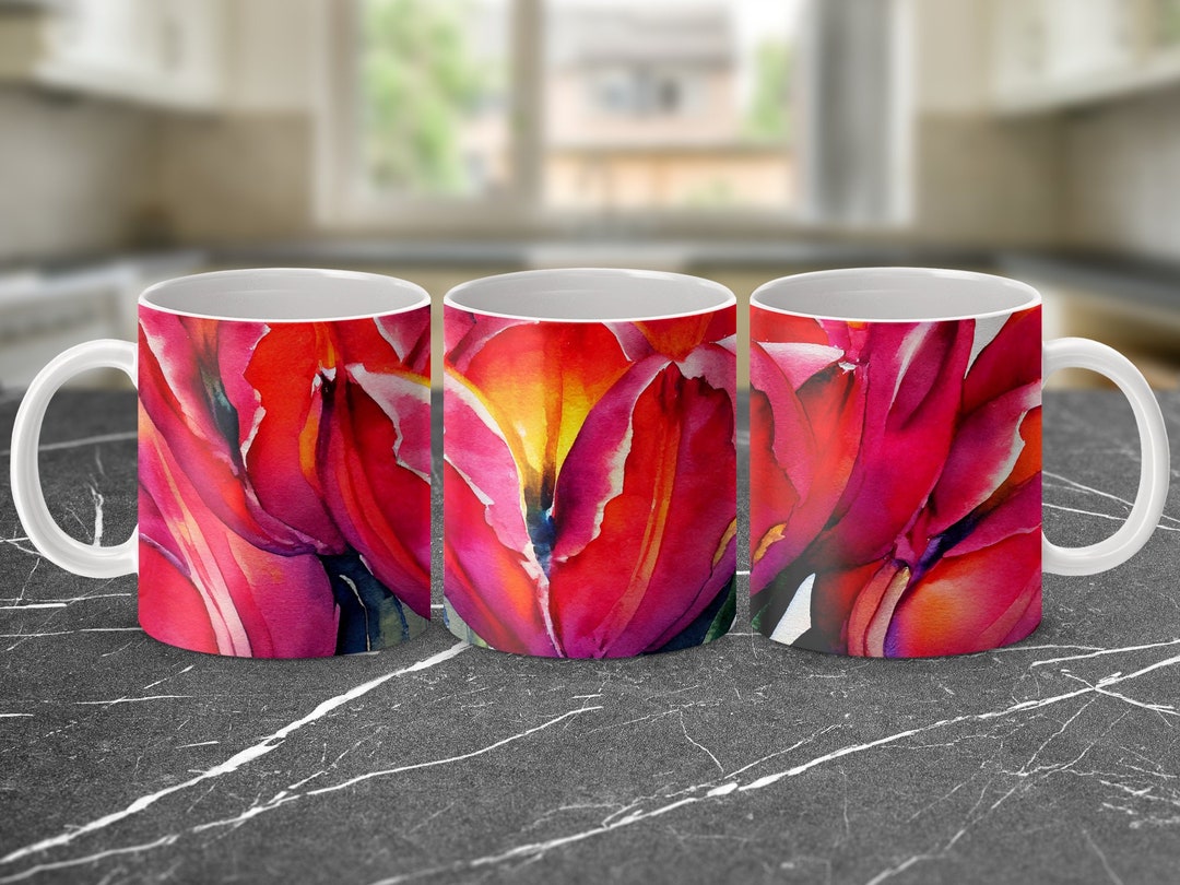 Vibrant Watercolor Tulips Mug, Floral Coffee Cup, Artistic Red and ...