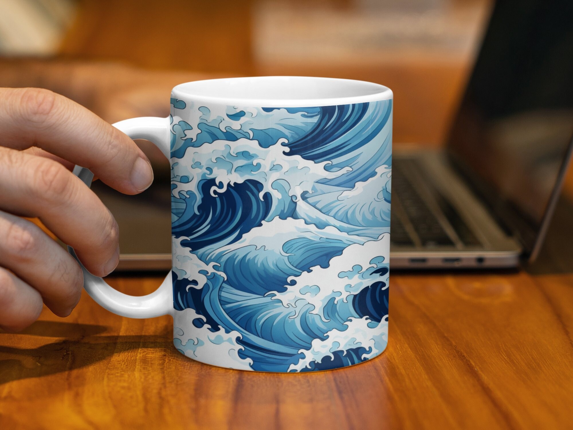 Ocean Waves Coffee Mug, Blue and White Nautical Ceramic Cup, Coastal ...