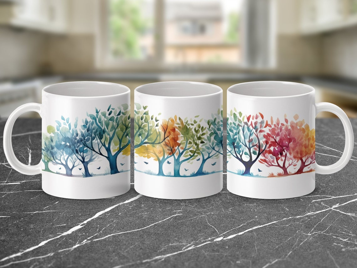 Watercolor Seasonal Trees Mug, Botanical Art Coffee Cup, Colorful ...