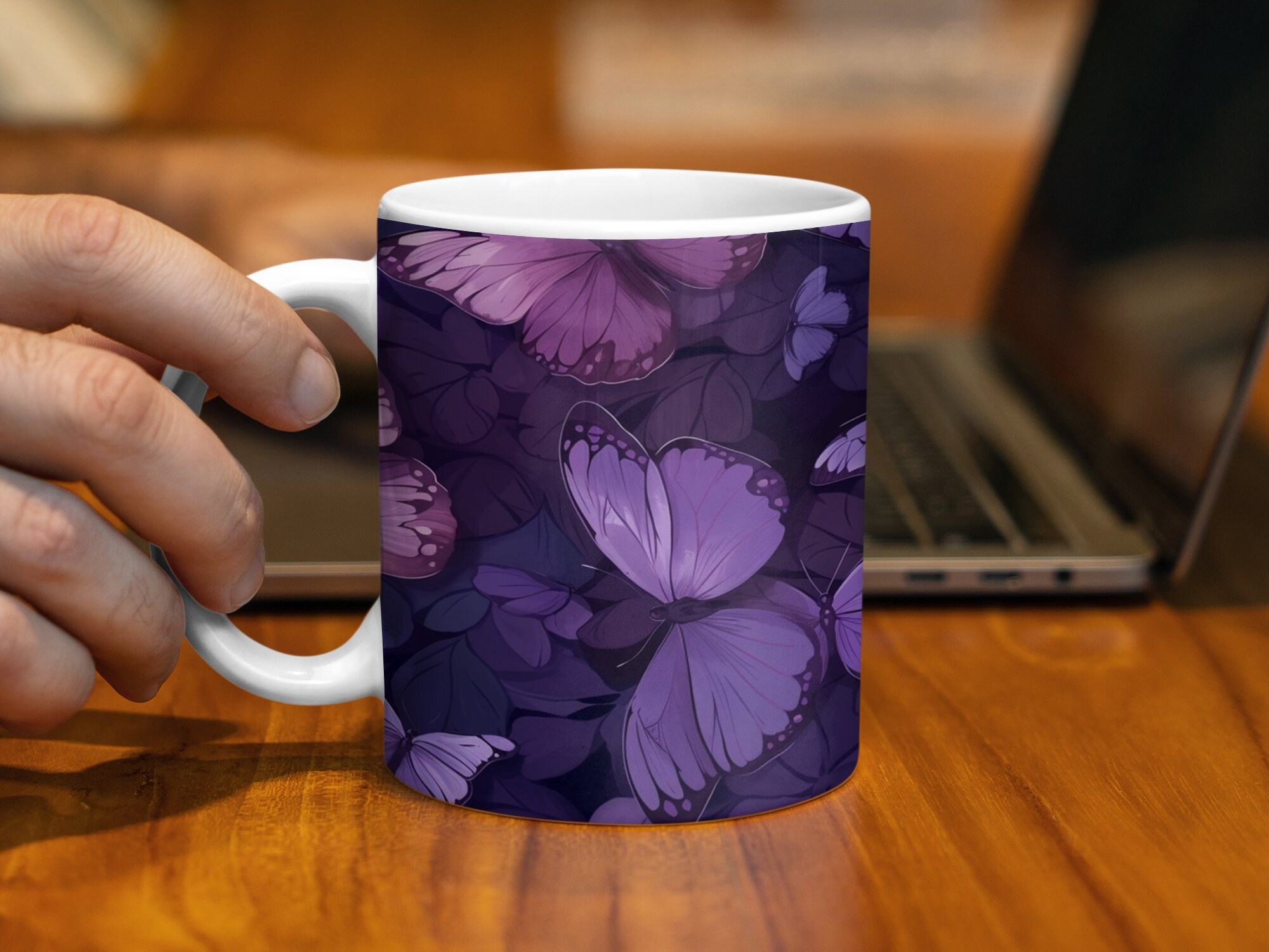 Purple Butterfly Pattern Mug, Lavender Nature Inspired Coffee Cup ...