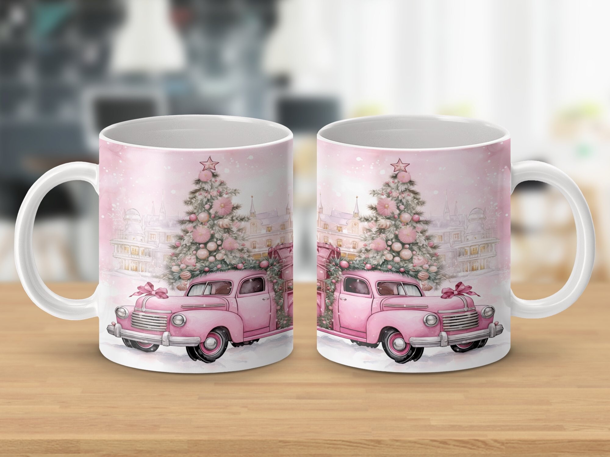 Pink Vintage Truck Christmas Mug, Holiday Coffee Mug With Gifts and ...