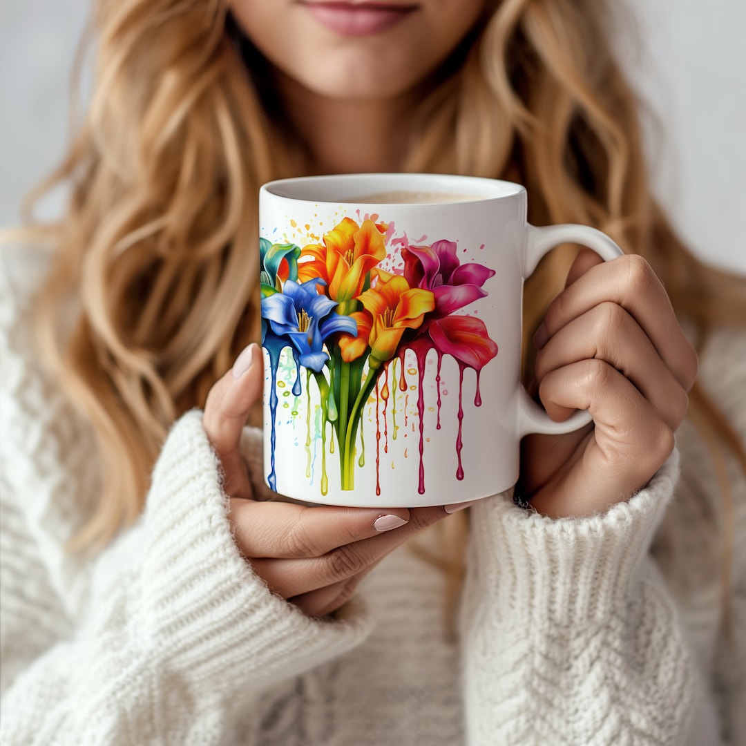 Vibrant Dripping Paint Floral Mug, Colorful Flower Art Mug, Artistic ...