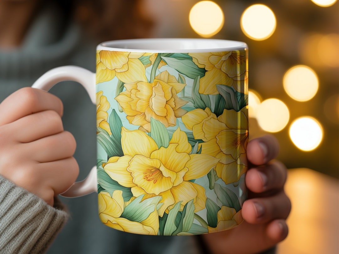Floral Daffodil Mug, Spring Flowers Coffee Cup, Botanical Illustration ...