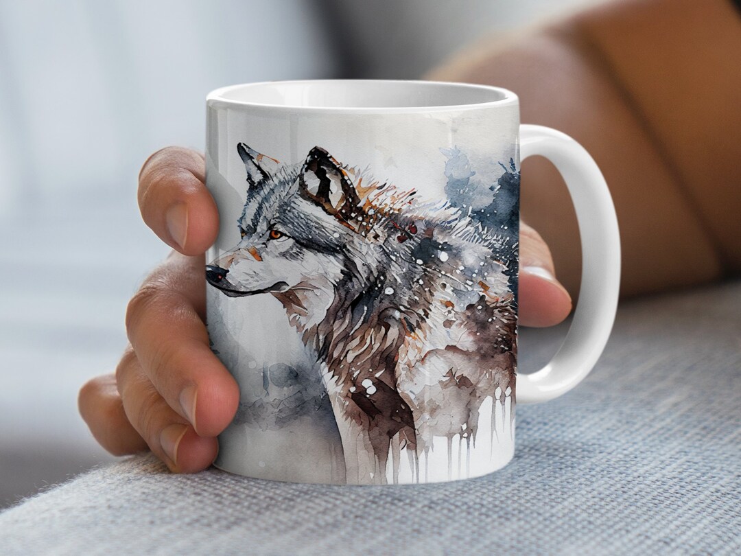 Watercolor Wolf Mug, Nature Inspired Coffee Cup, Rustic Animal Art ...