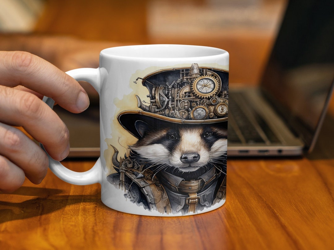 Steampunk Badger Mug, Mechanical Animal Art Coffee Cup, Unique Fantasy ...
