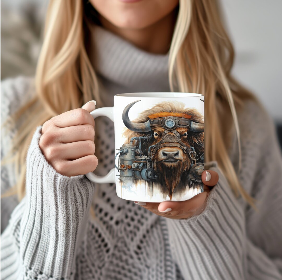 Steampunk Bison Mug, Mechanical Wild Buffalo Art Coffee Cup, Unique ...