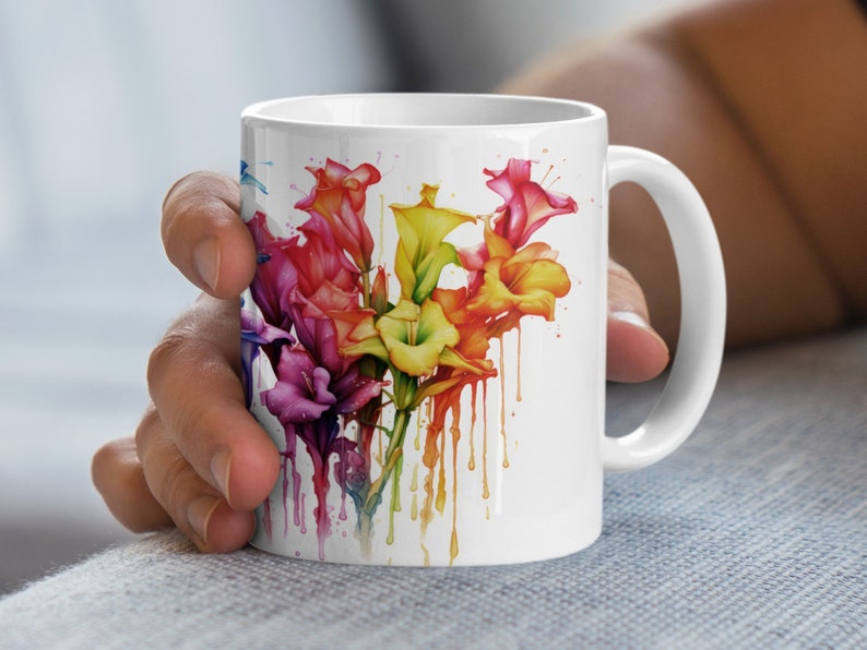 Colorful Artistic Floral Design Mug, Vibrant Flower Splash Coffee Cup ...