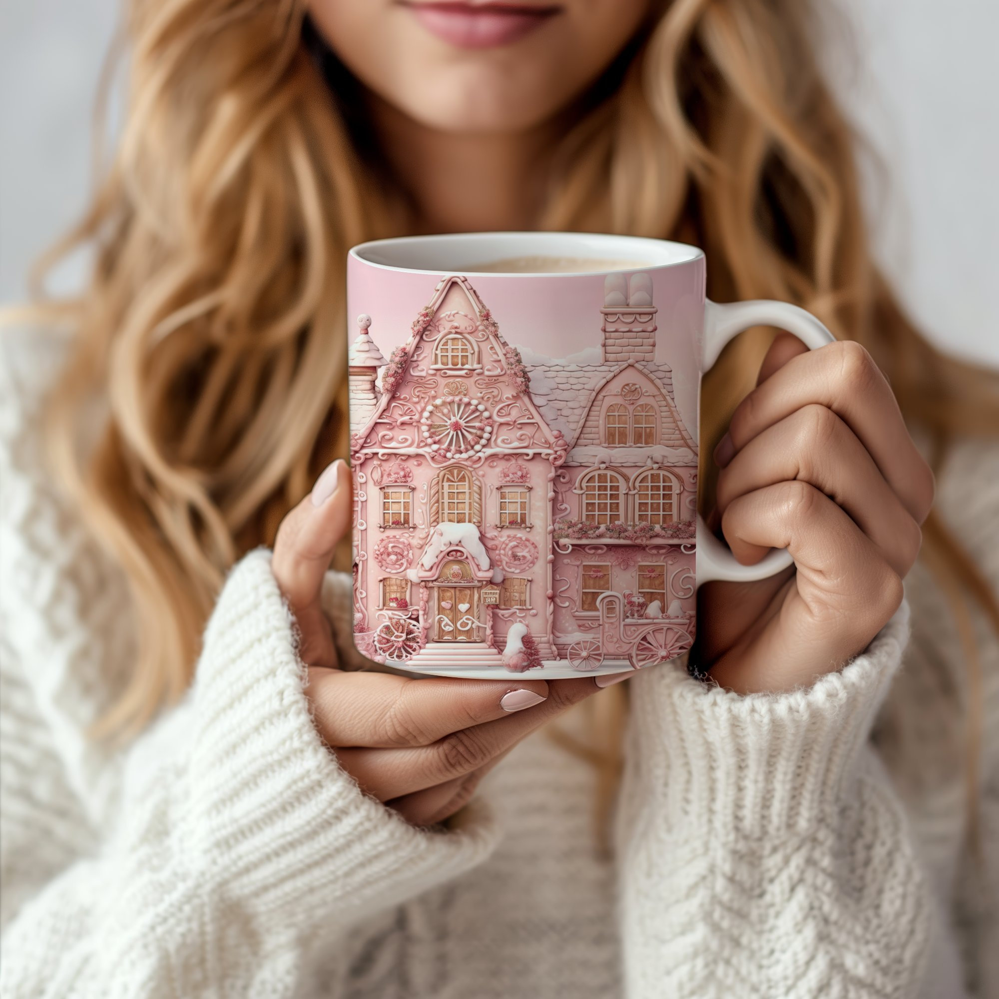 Gingerbread House Themed Mug, Cottage Style Coffee Cup, Pink Winter ...