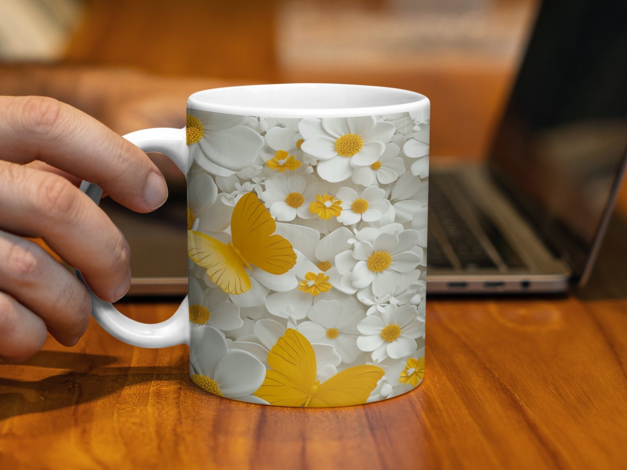Floral Ceramic Mug, White Flowers, Yellow Butterflies, Spring Garden ...