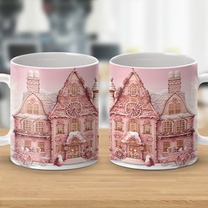 Gingerbread House Themed Mug, Cottage Style Coffee Cup, Pink Winter ...