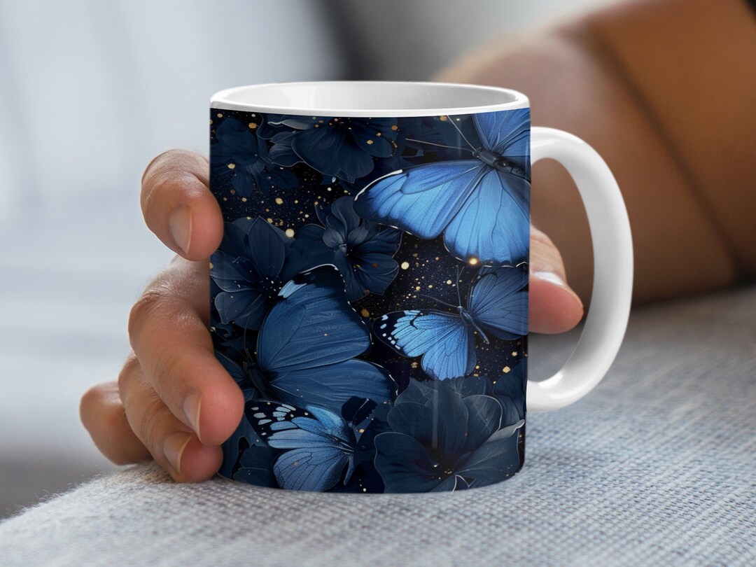 Midnight Blue Butterfly Mug, Elegant Nature-inspired Drinkware, Stars ...