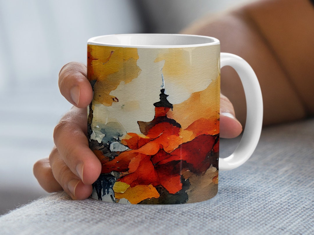 Autumn Forest Watercolor Art Mug, Fall Trees Scenery Coffee Cup, Unique ...