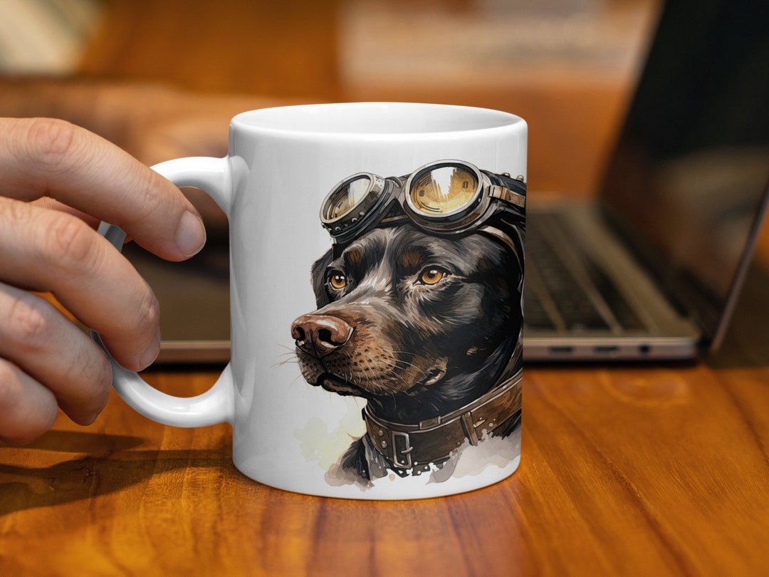 Steampunk Black Labrador Dog Mug, Aviator Goggles and Leather Collar ...