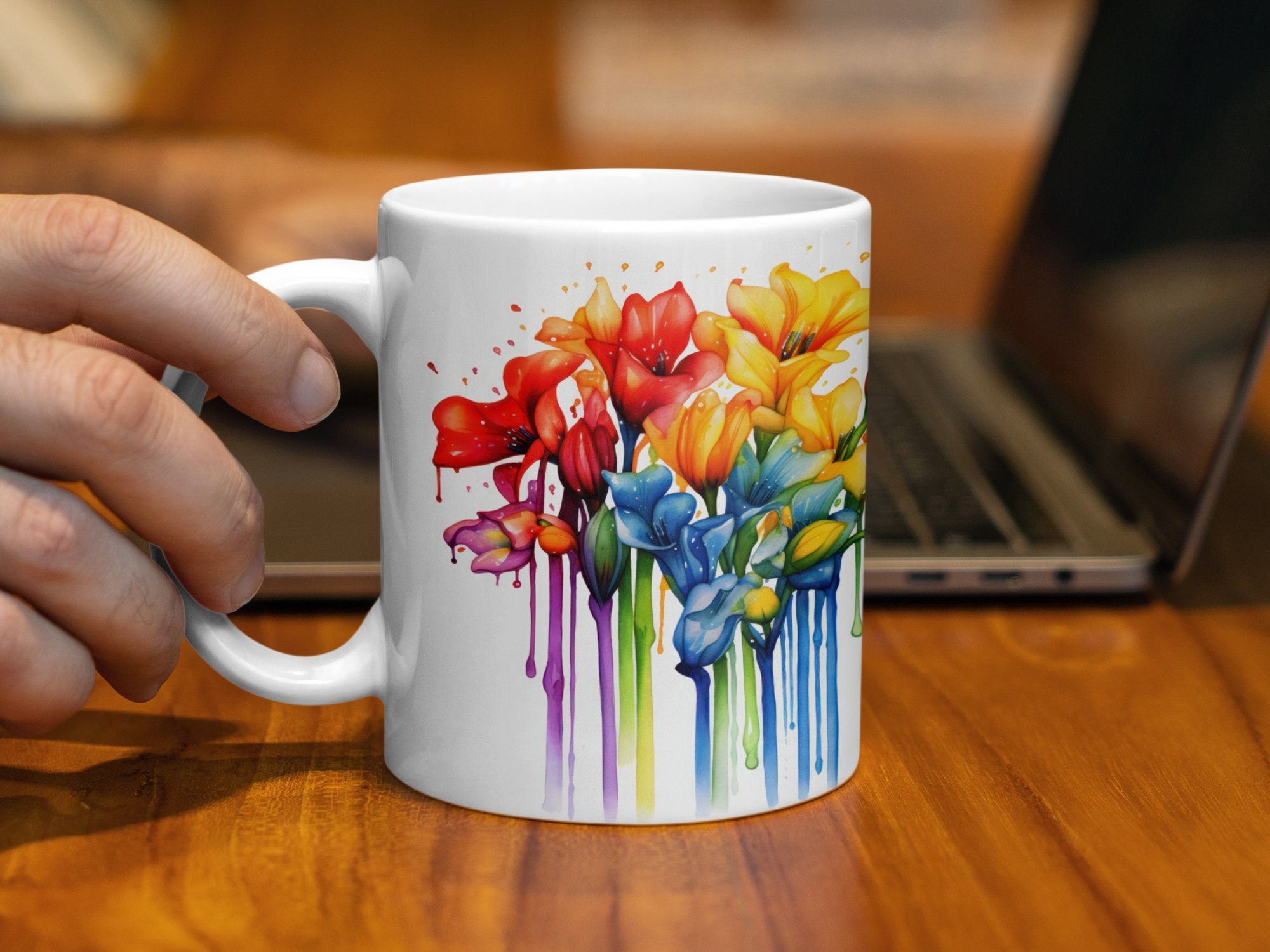 Colorful Floral Drip Art Mug, Artistic Coffee Cup, Unique Watercolor ...