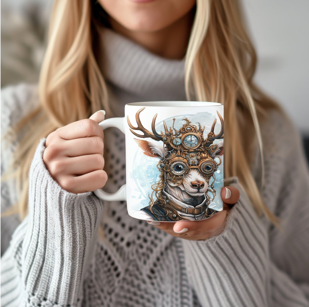 Steampunk Deer Illustration Mug, Unique Mechanical Animal Art Coffee ...