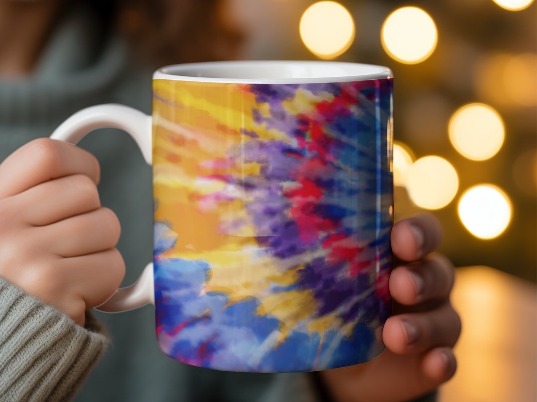 Colorful Tie-dye Mug, Vibrant Coffee Cup, Red Blue Yellow Splash Design ...