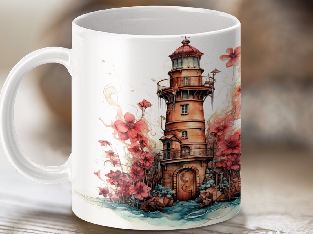 Lighthouse Art Mug, Floral Lighthouse Design, Nautical Themed Mug ...