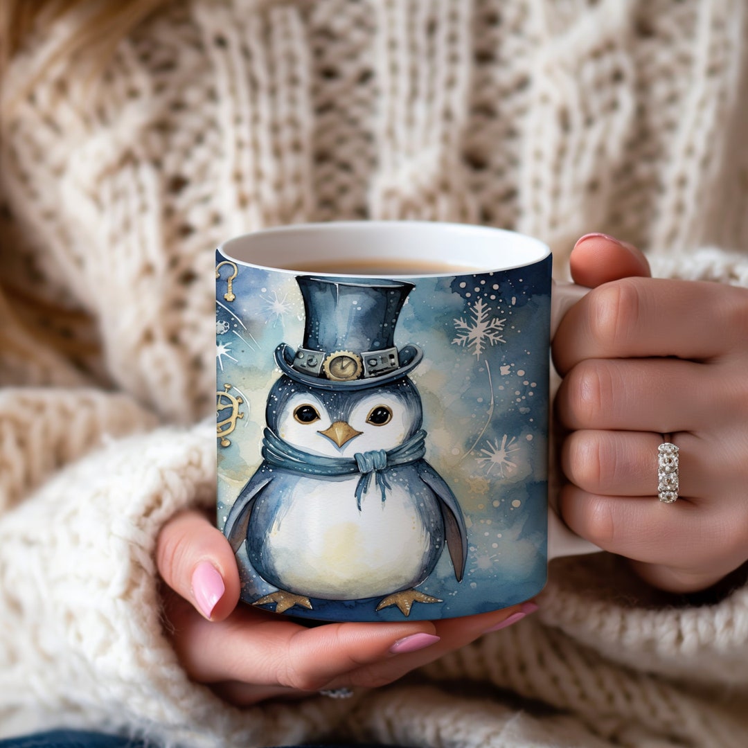 Cute Penguin Mug With Top Hat and Scarf, Watercolor Winter Mug ...