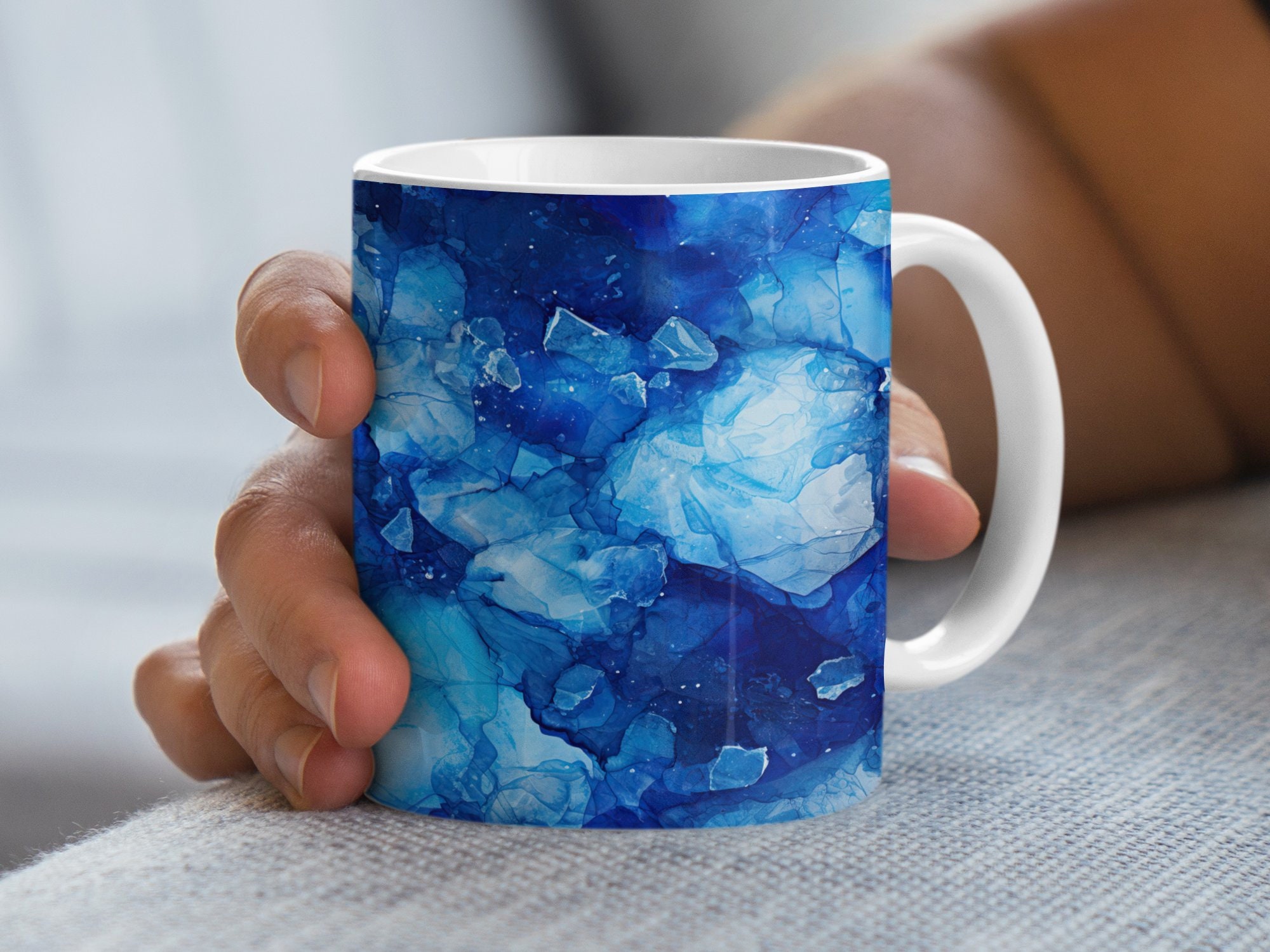 Abstract Blue Ice Crystal Design Mug, Unique Winter Pattern Coffee Cup ...