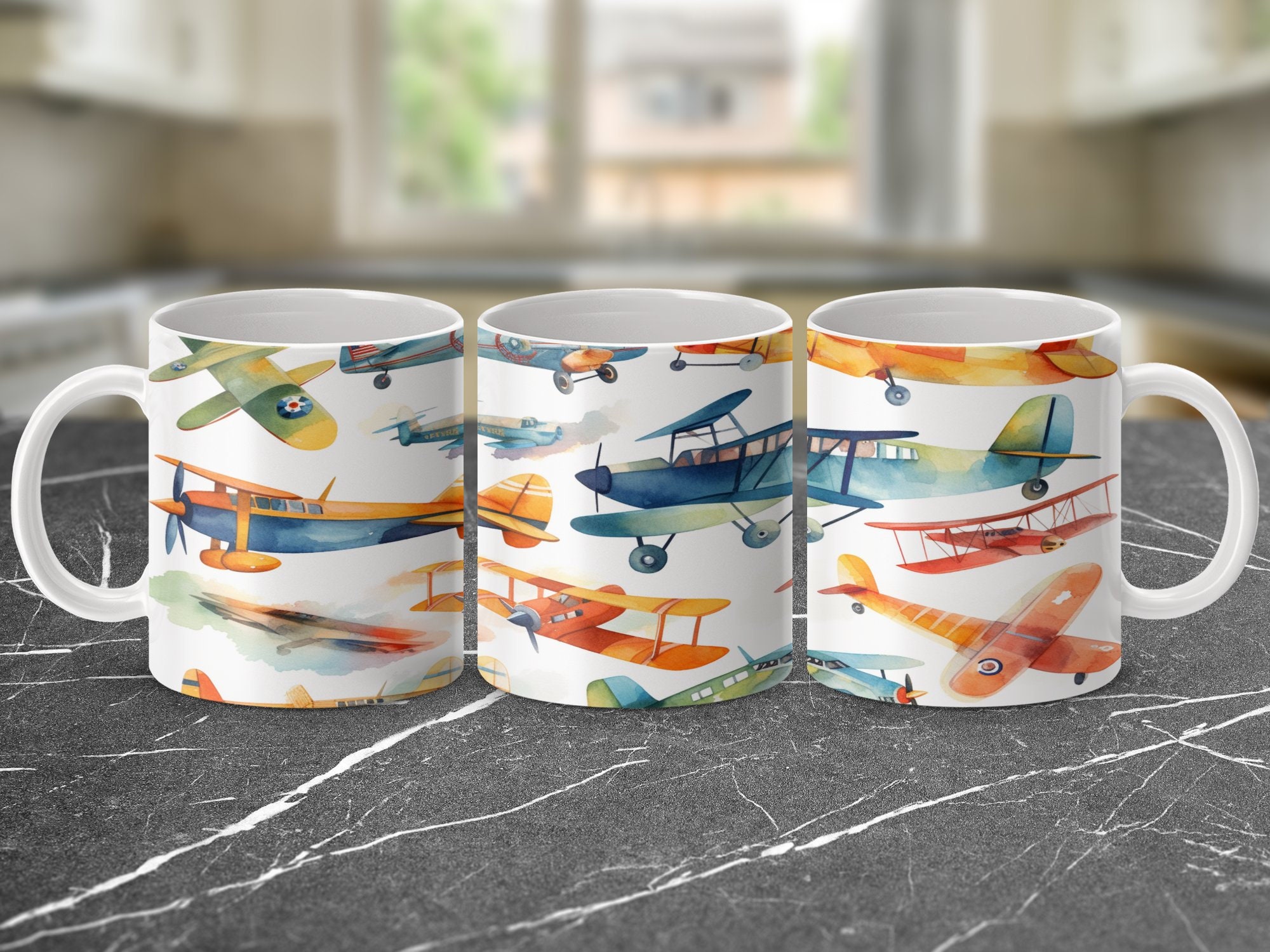 Vintage Airplane Mug, Colorful Aircraft Pattern Coffee Cup, Aviation ...