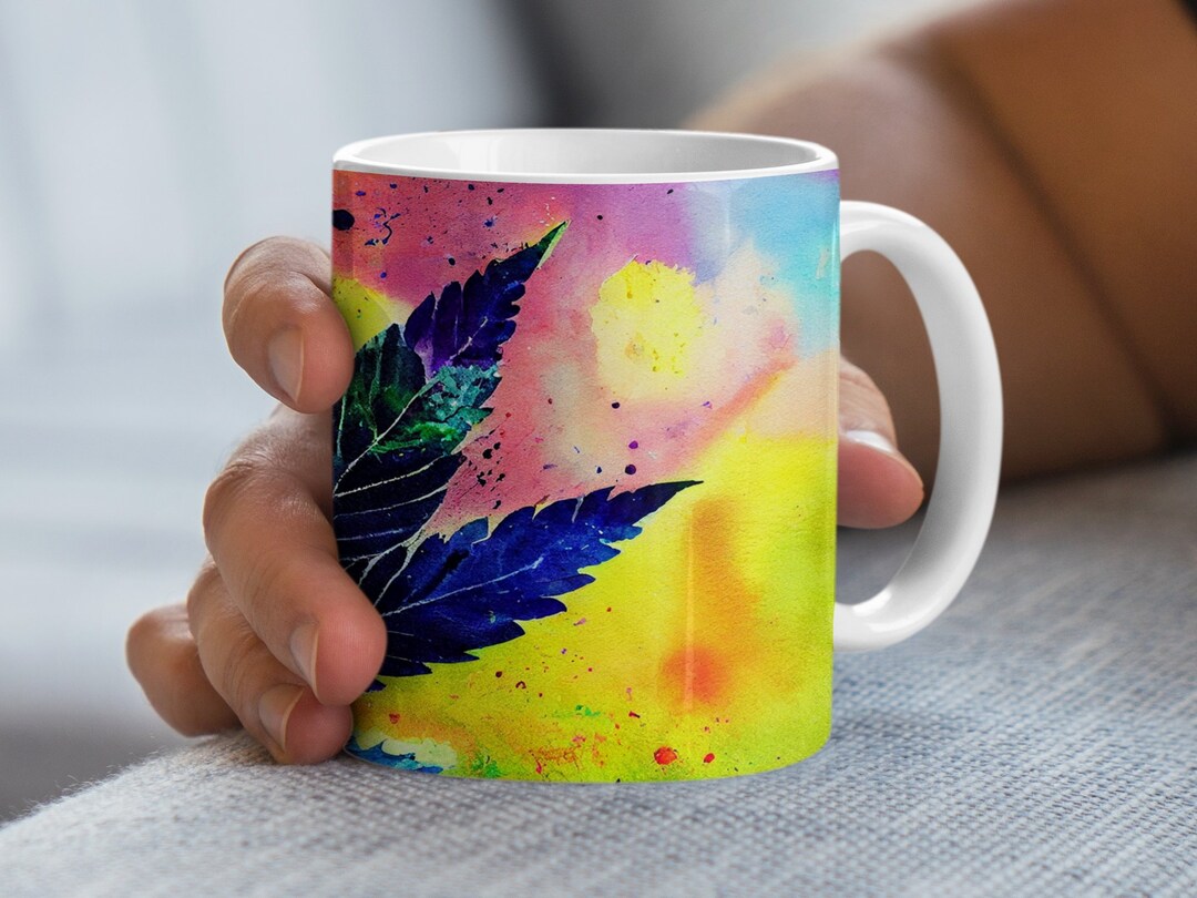 Colorful Cannabis Leaf Art Mug, Vibrant Watercolor Rainbow Coffee Cup ...