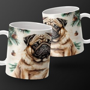 Winter Pug Dog Mug, Cute Pug With Christmas Trees and Ornaments, Dog ...