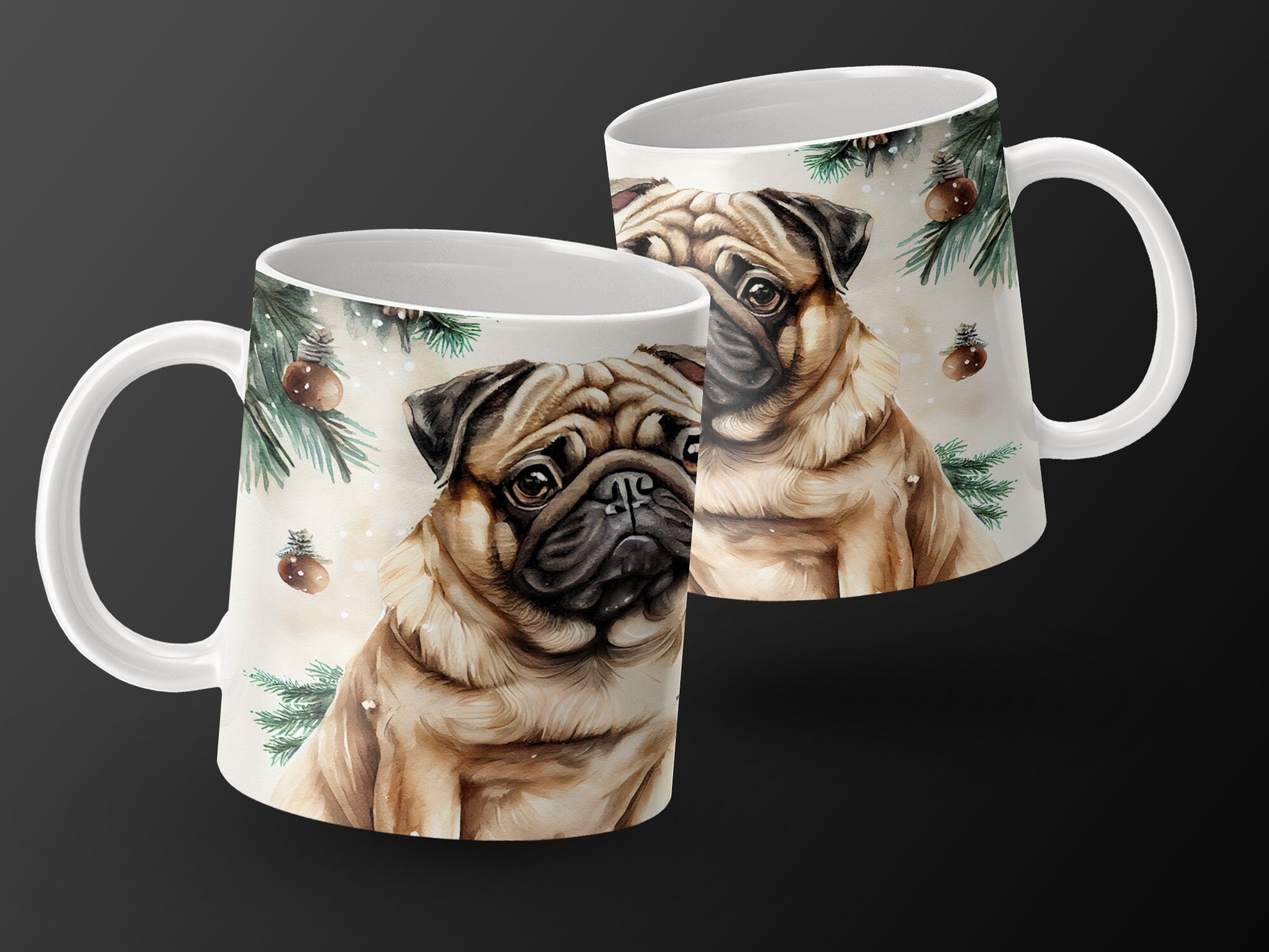Winter Pug Dog Mug, Cute Pug With Christmas Trees and Ornaments, Dog ...