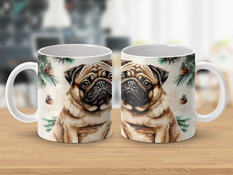 Winter Pug Dog Mug, Cute Pug With Christmas Trees and Ornaments, Dog ...