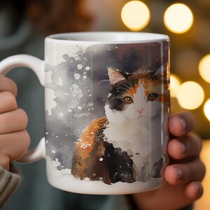 Watercolor Calico Cat Mug, Unique Feline Art Coffee Cup, Gift for Cat ...