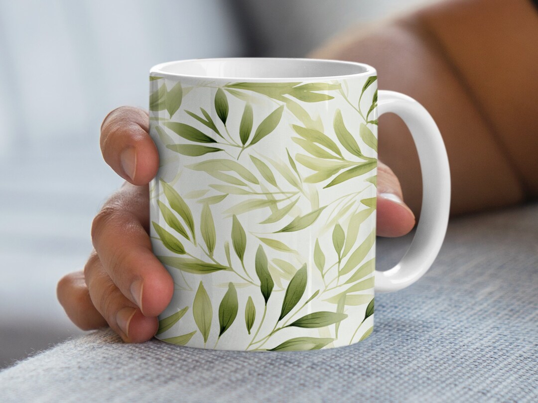 Elegant Green Leaf Pattern Mug, Symmetrical Botanical Design Coffee Cup ...