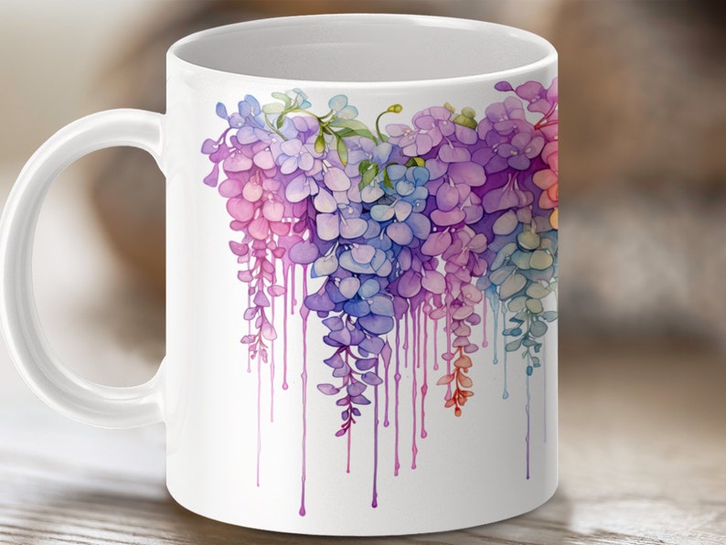 Vibrant Watercolor Wisteria Mug, Colorful Dripping Flower Design ...
