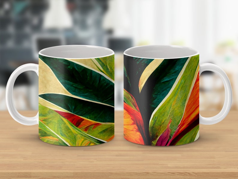 Tropical Leaf Design Coffee Mug, Colorful Botanical Artwork Cup, Exotic ...