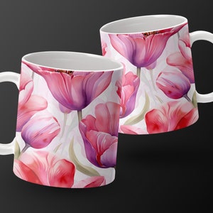 Floral Mug, Pink Tulip Reflection Design, Elegant Coffee Cup, Gift for ...